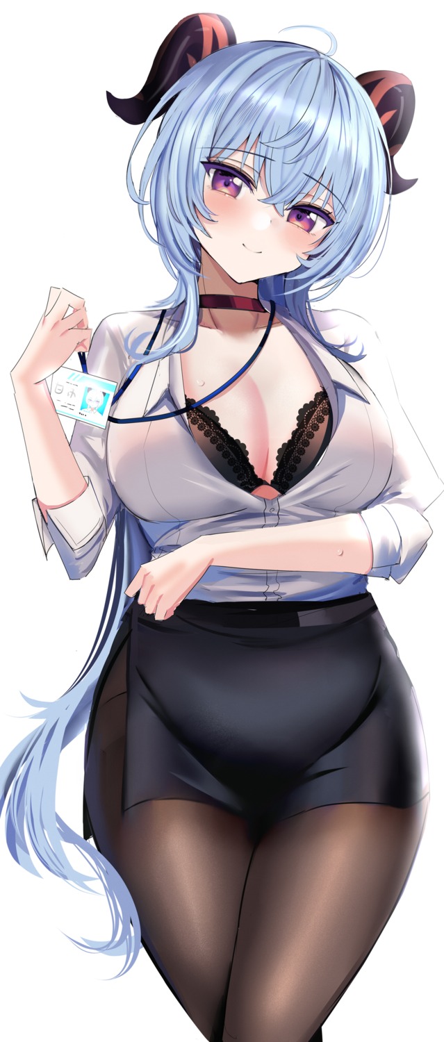 hanasaka houcha genshin impact ganyu bra cleavage dress shirt horns open shirt pantyhose ...